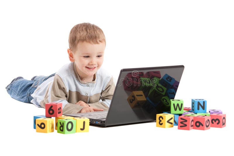 Three Kids Using Computer on White Background. Stock Image - Image of ...