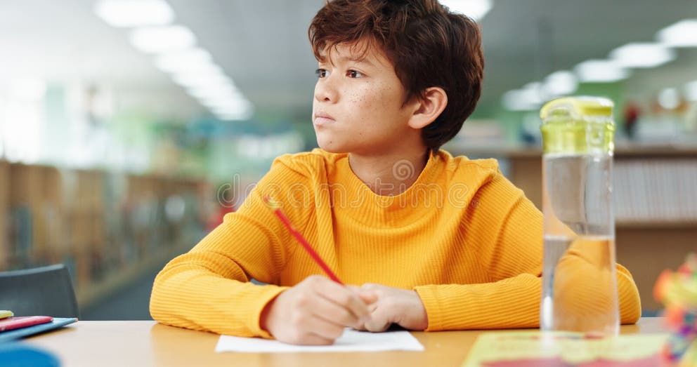 Boy, Child and Paper with Thinking at Library for Learning, Study and ...