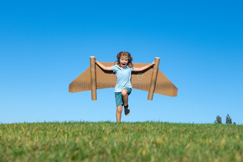 Boy Child with Wings at Sky Imagines a Pilot and Dreams of Flying ...