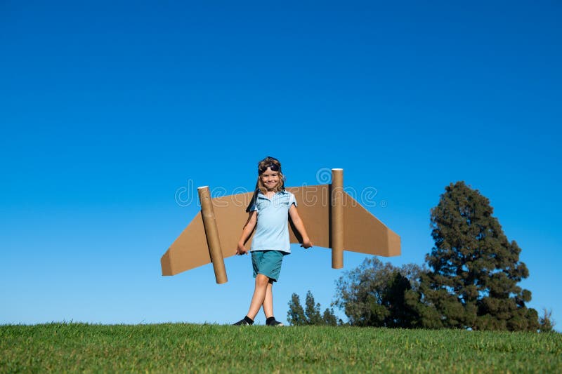 Boy Child with Wings at Sky Imagines a Pilot and Dreams of Flying ...