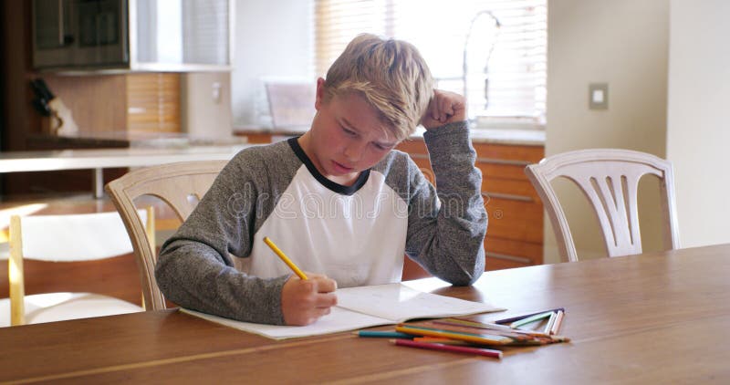 Boy Child, Writing and Confused with Homework, Thinking or Brain Fog ...