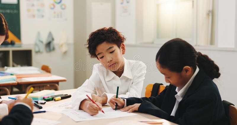 Boy, Children and Group for Learning in Classroom, Writing and Color ...