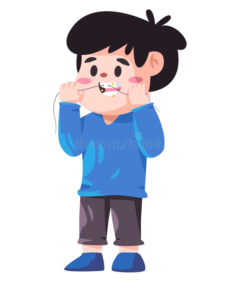 Boy Children Using Dental Floss Cleaning Teeth Drawing Illustration ...
