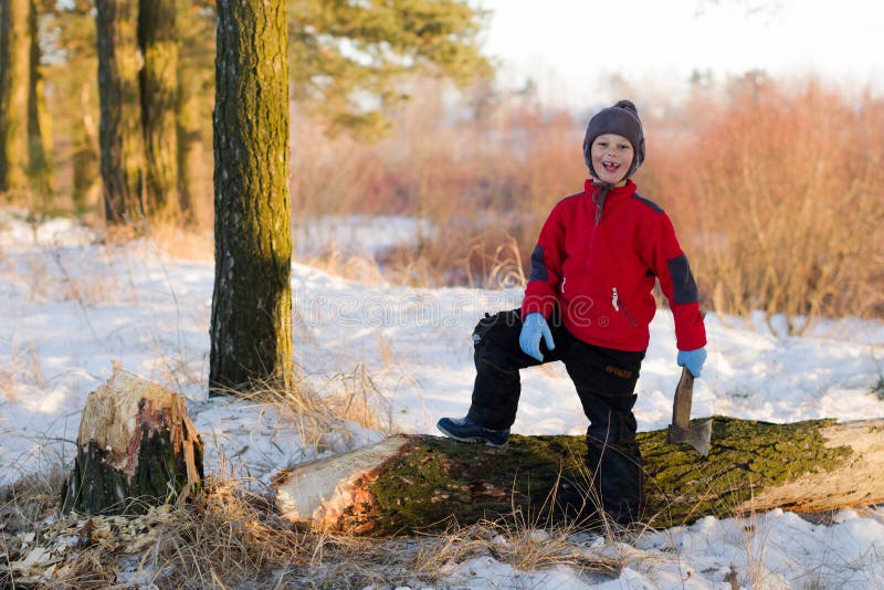 Boy Chopping Wood in the Winter on the Nature Stock Photo - Image of ...