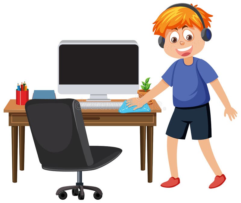 Boy cleaning computer desk stock vector. Illustration of technology ...