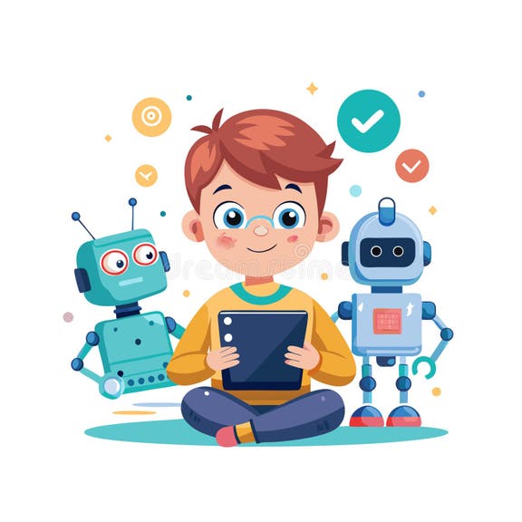 Boy Coding with Robots on a Tablet, Learning STEM Skills Illustration ...