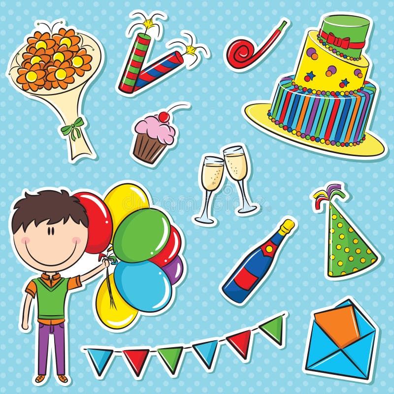 Boy with Color Balloons and Birhday Elements Stock Vector ...