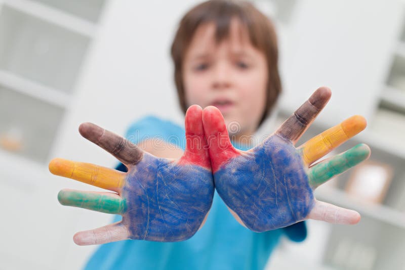 Boy with colored hands stock photo. Image of color, childhood - 28256080