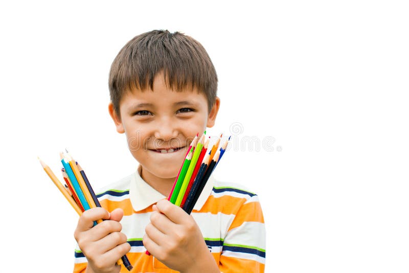Boy with colored pencils stock image. Image of boys, cute - 26061341