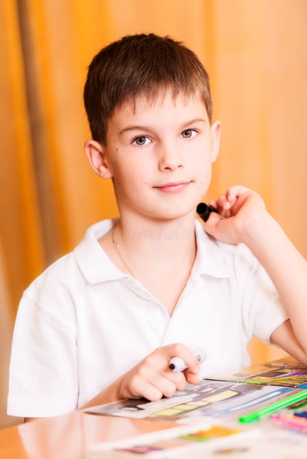 Concentrated Boy Colouring Book Portrait Stock Photo - Image of siting ...