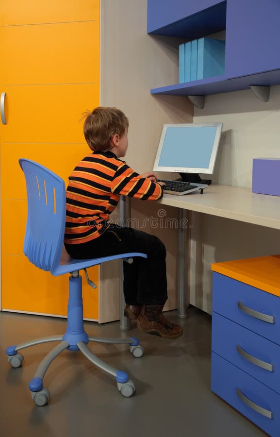 Boy at Computer in Children S Room Stock Image - Image of monitor ...