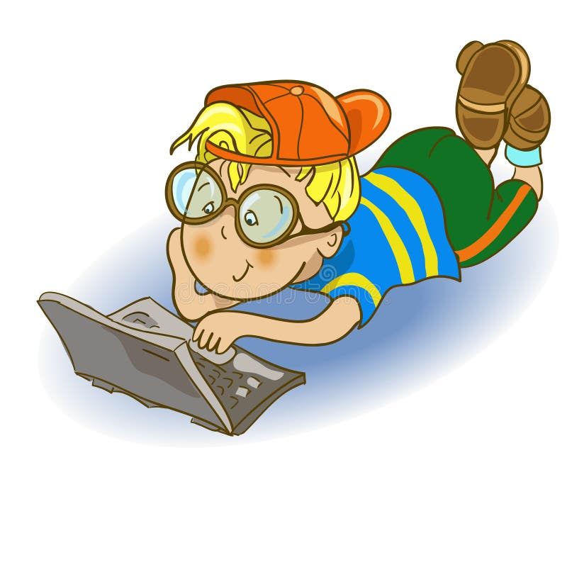 Boy and Computer. Funny Cartoon and Character Stock Illustration ...