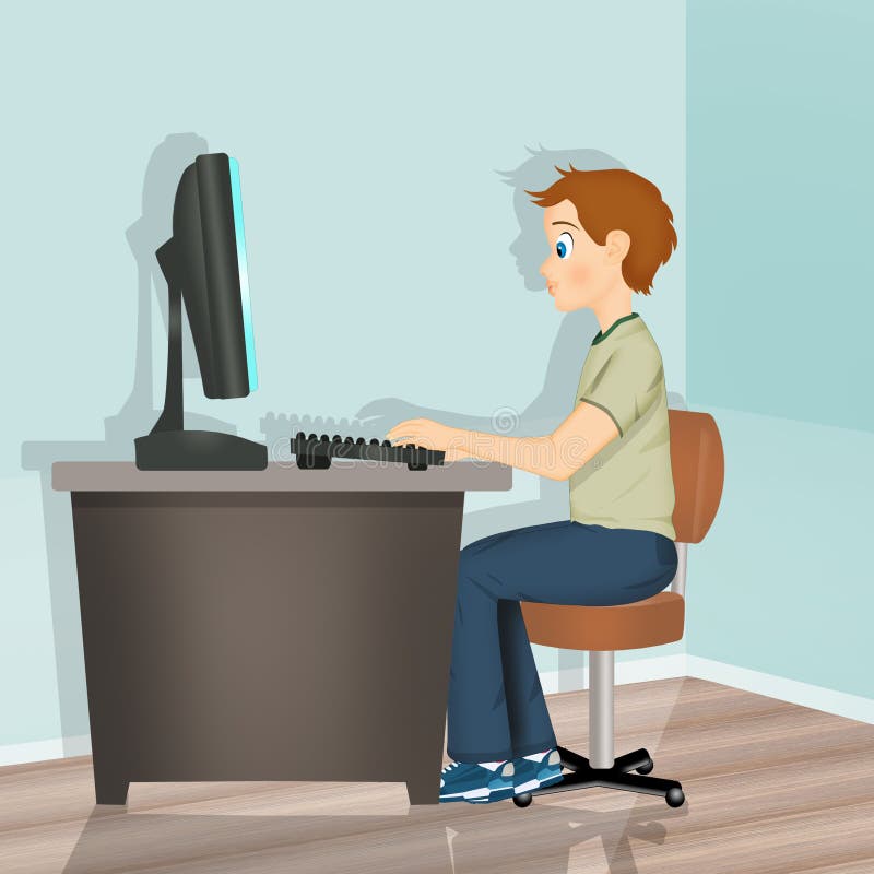 The boy at the computer stock illustration. Illustration of student ...