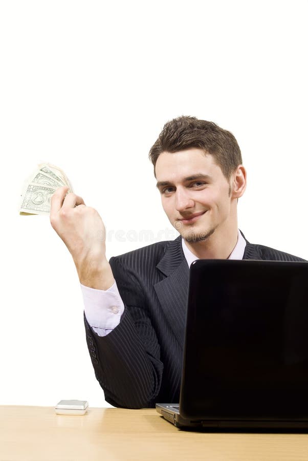 Boy at the Computer and Keeps the Money Stock Photo - Image of ...
