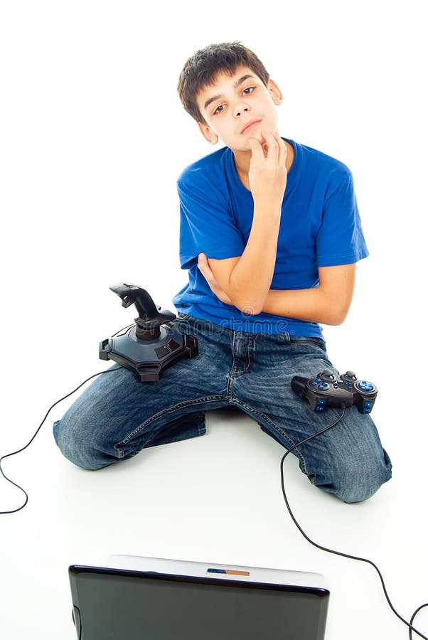 Boy with Computer and with Two Joysticks Stock Image - Image of anger ...