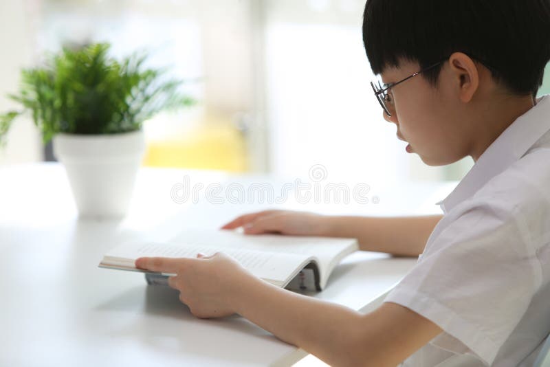 Boy Concentrating on Books, Reading and Studying Stock Photo - Image of ...