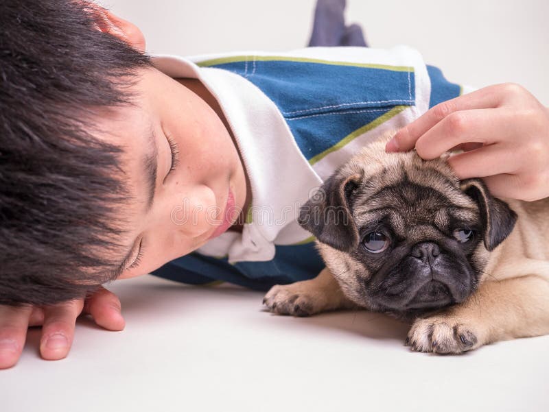 Teen Boy and His Cute Pet Pug Dog Stock Image - Image of doggie, puppy ...