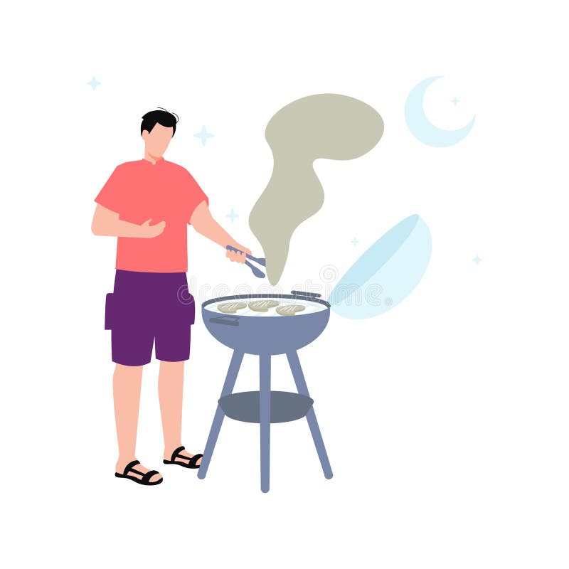 The Boy is Cooking Beef on the Grill Stock Illustration - Illustration ...