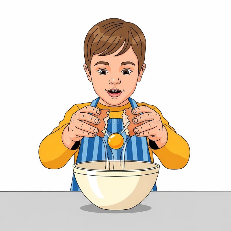Boy Cracking Egg into Bowl for Cooking Stock Vector - Illustration of ...