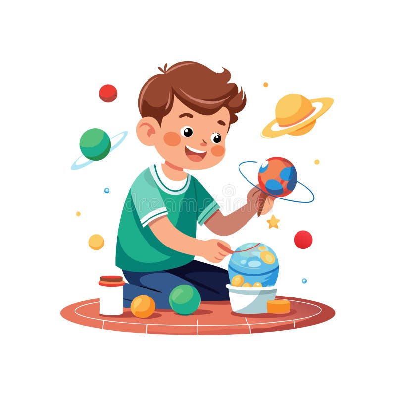 Boy Crafting Planets, Space Exploration, Science Education Concept ...