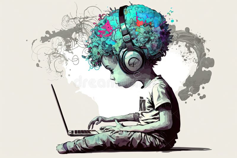 Boy with Creativity Brain Flows from Internet and Online Media on a ...