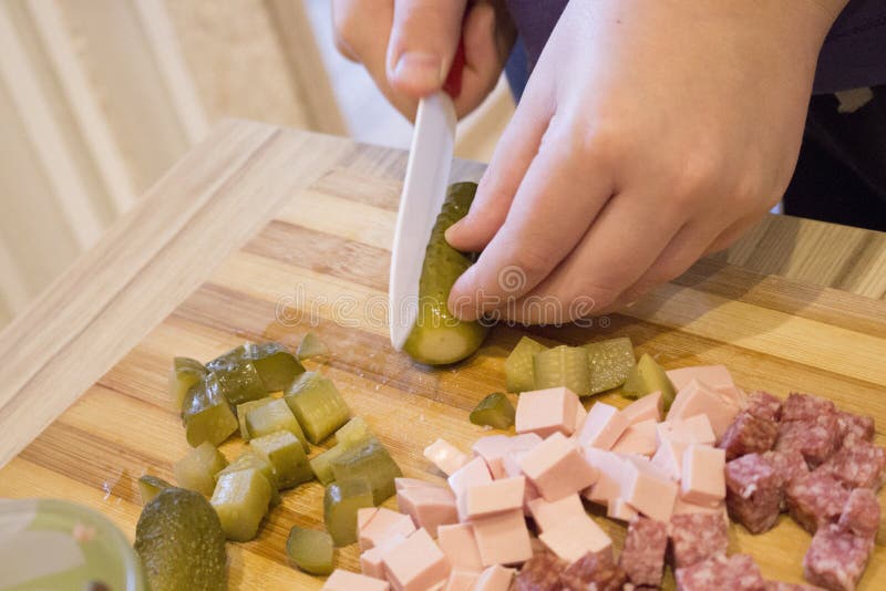 The Boy Cut the Ingredients Stock Image - Image of together, girl ...