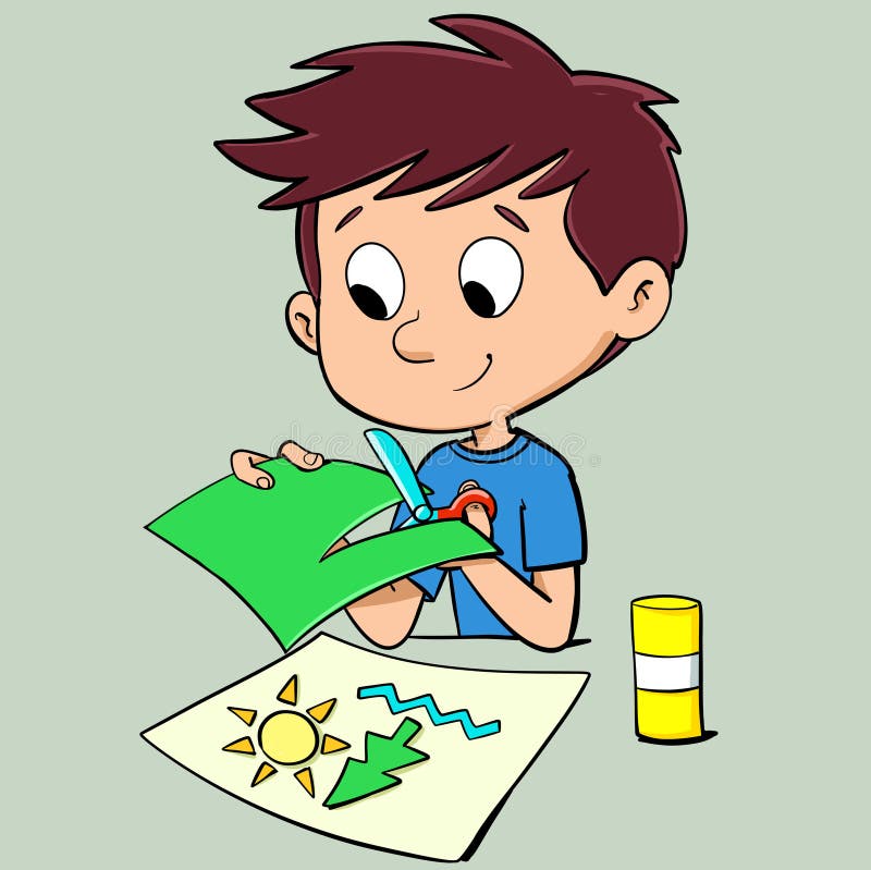 Boy Cuts Colored Papers with Scissors Stock Illustration - Illustration ...