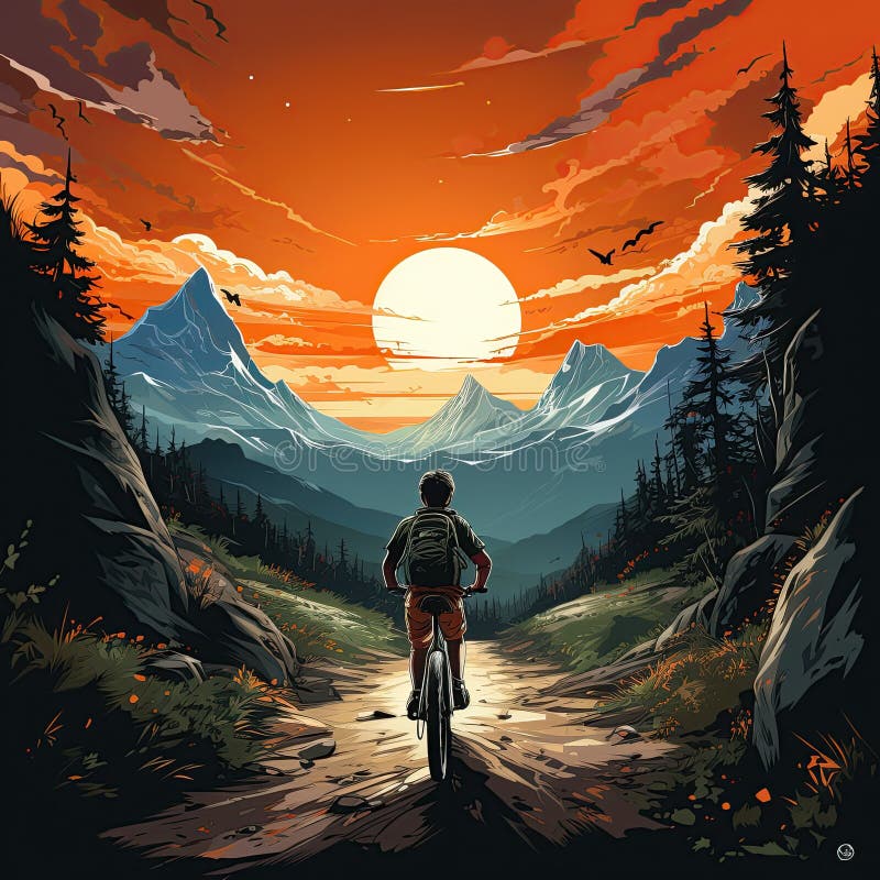 A Boy Cycling in Hill , View from Back Side, Detailed Vector ...