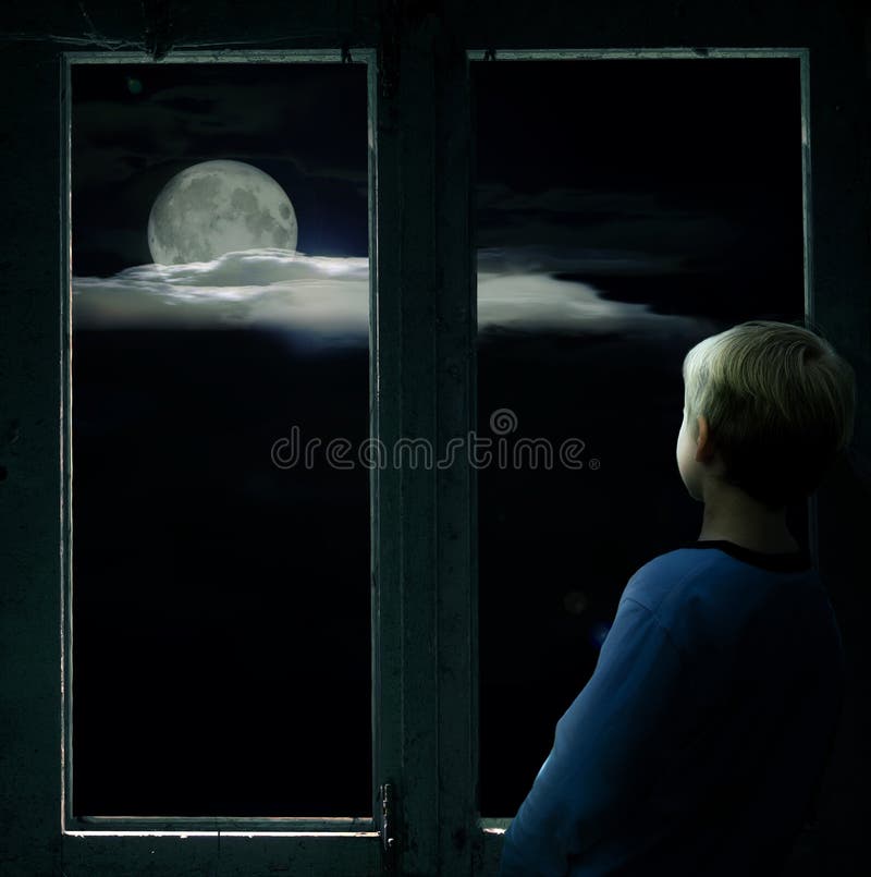 Boy in the Dark Window Looking at the Bright Full Moon Stock Photo ...