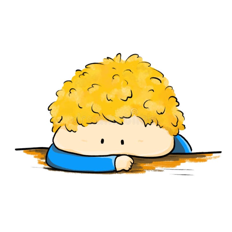 Curly Yellow Hair Boy Dazing and Daydreaming on Table Stock ...