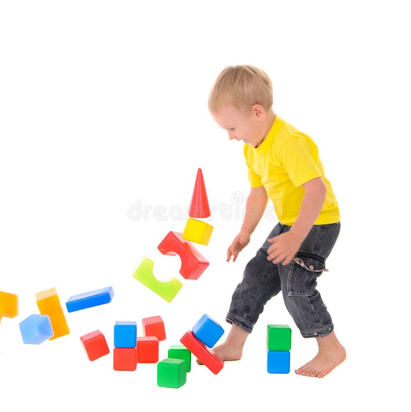 Boy Destroys Toy Building of Colored Cubes Stock Photo - Image of human ...