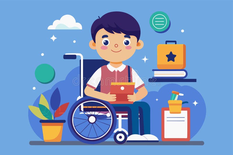 A Boy with a Disability Sits in a Wheelchair, Engaging with a Tablet ...