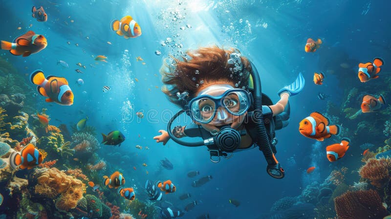 The Boy is a Diver in the Underwater World. Cartoon Diver Boy and Fish ...