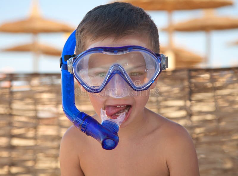 Cute Boy in Diving Mask on the Beach Stock Photo - Image of mask, male ...