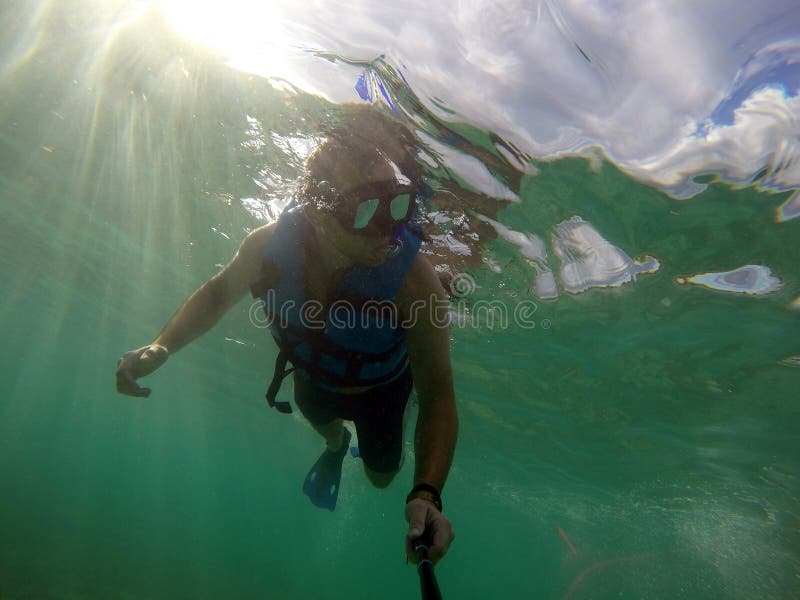 Boy Diving Snorkeling Ocean Underwater Mask Selfie Stock Image - Image ...