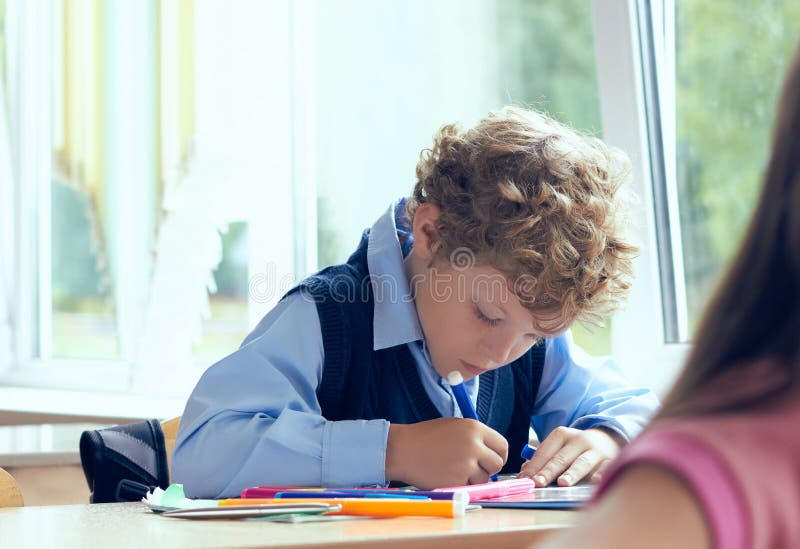 Boy Intently Does the Lesson Exercise during the Lesson of Primary ...