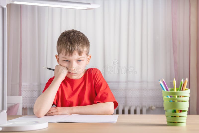 The Boy Does Not Want To Do Homework for School Stock Image - Image of ...