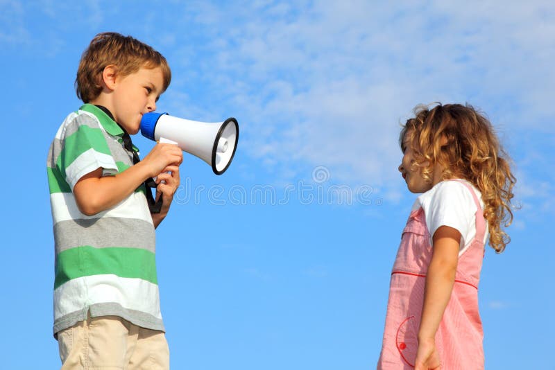 Boy Does Reprimand To Girl through Loudspeaker Stock Photo - Image of ...