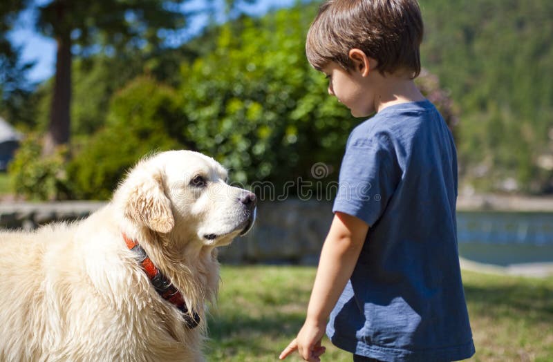 Young Boy and His Dog in Front of House Stock Image - Image of ...