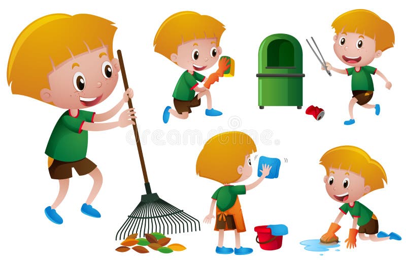 Boy doing different chores stock vector. Illustration of pupil - 95827715
