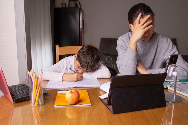 Boy Doing His Homework while Lock Down, Studying Remotely Stock Image ...