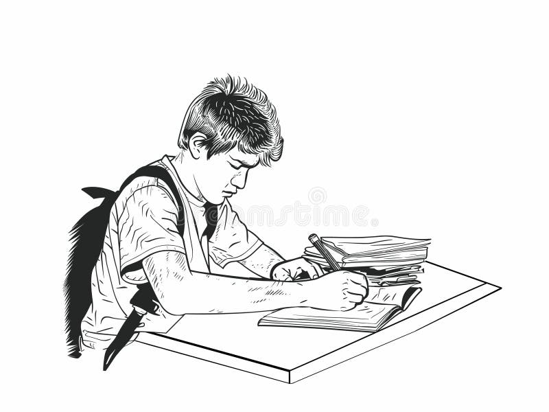 Boy Doing His Homework in Outline Style Stock Vector - Illustration of ...