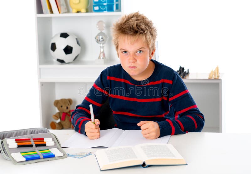 Boy is Doing Homework and is Angry Stock Photo - Image of school, desk ...