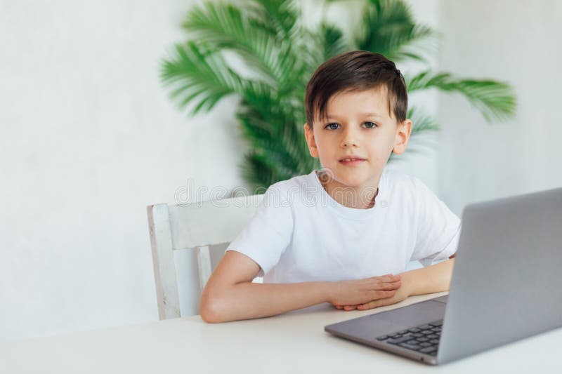 Boy Doing Homework at Desk with Laptop Stock Image - Image of teenage ...