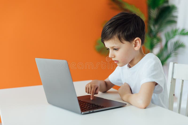 Boy Doing Homework at Desk with Laptop Stock Image - Image of cute ...