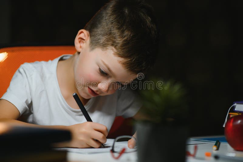 Boy Doing Homework at Home in Evening Stock Photo - Image of childhood ...