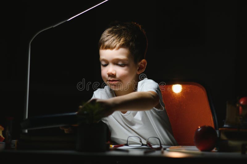 Boy Doing Homework at Home in Evening Stock Image - Image of home ...