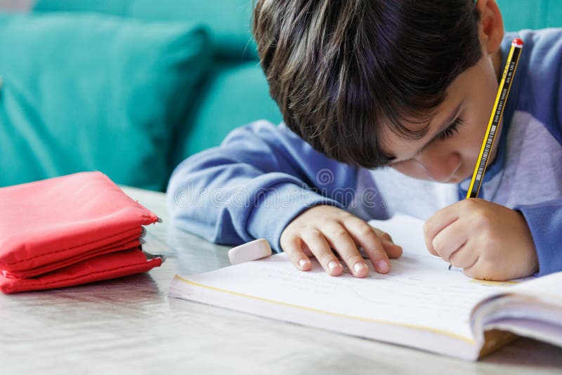 Boy doing homework at home stock photo. Image of learning - 260826982