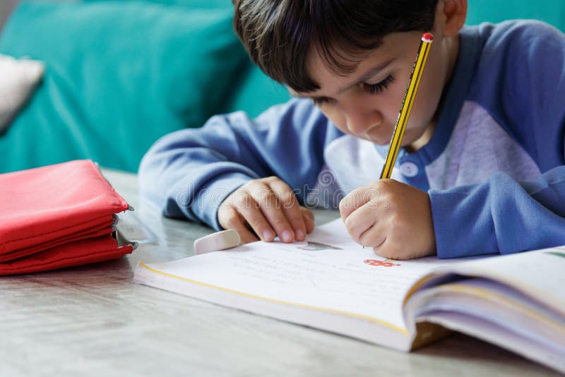Boy doing homework at home stock image. Image of home - 260827001