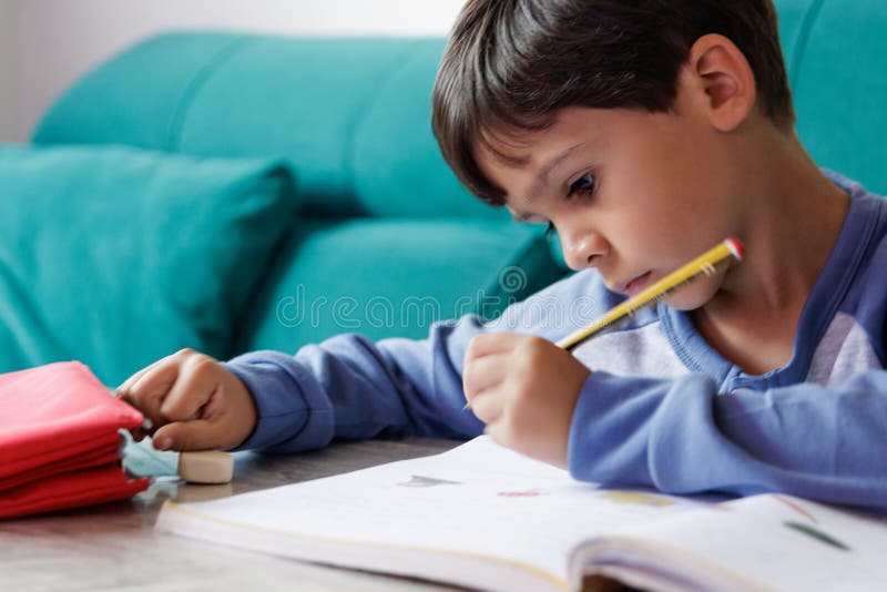 Boy doing homework at home stock image. Image of indoor - 260827031